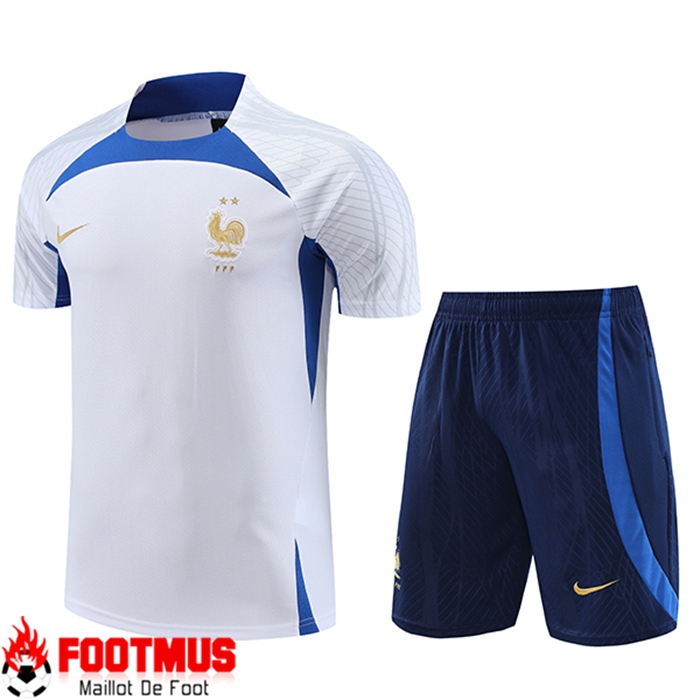 Flocage Ensemble Training T-Shirts + Shorts France Blanc 2023/2024 Pas Cher