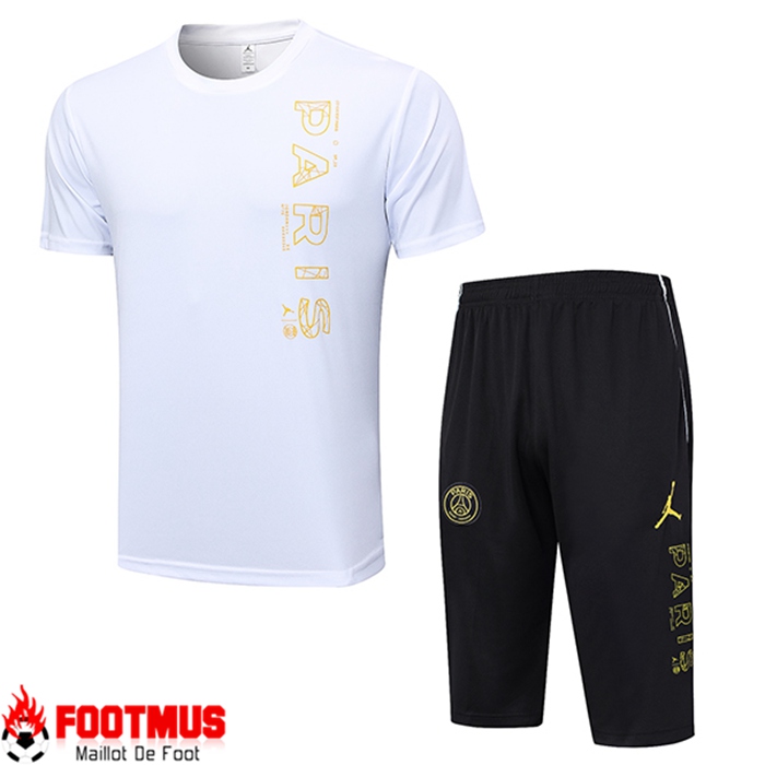 Grossiste Ensemble Training T-Shirts + Shorts PSG Blanc 2023/2024 Pas Cher
